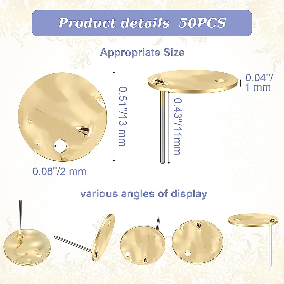 50 Pieces Flat Round Ear Studs Earring Posts with Loop Hole Coin Jewelry 13.0 mm Gold Plated Disc Charms Earring for DIY Earrings Craft Making Supplies for Women Girls (KC Gold)