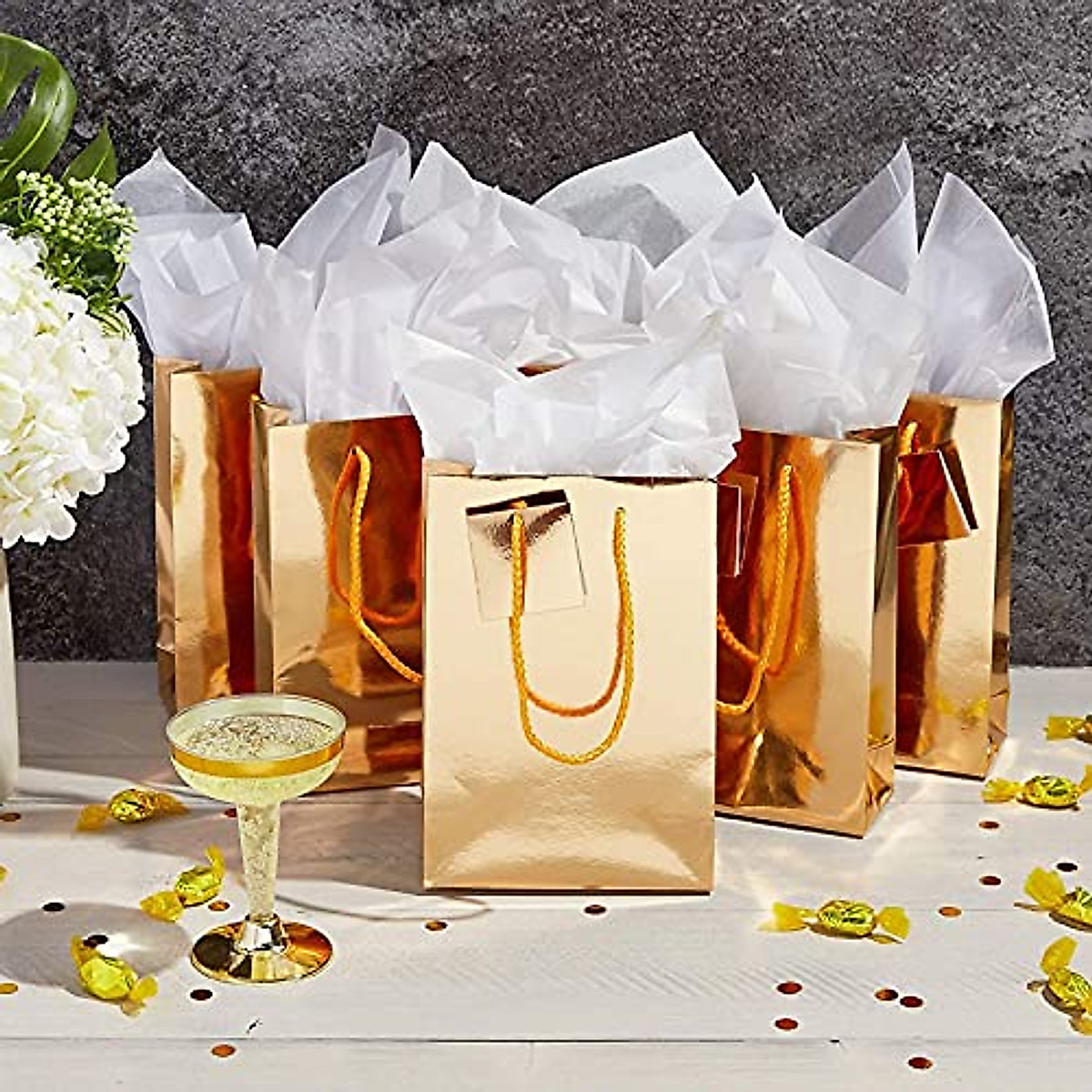 Gold Gift Bags with Tissue Paper (5.45 x 7.8 x 2.45 in, 20 Pack)