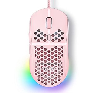 TMKB Falcon M1SE Ultralight Honeycomb Gaming Mouse, High-Precision 12800DPI Optical Sensor, 6 Programmable Buttons, Customizable RGB, Drag-Free Paracord, Ergonomic Wired Gaming Mouse - Matte Pink