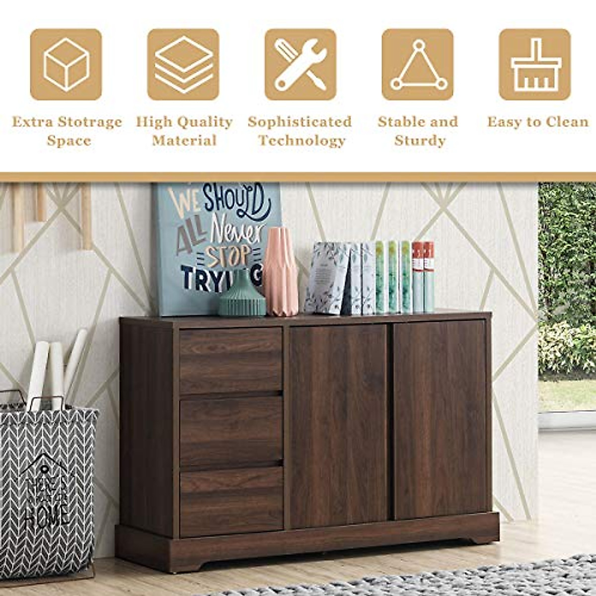 Giantex Buffet Sideboard, Storage Console Table with 3 Drawers and 2-Door Cabinets, Buffet Server Cupboard for Kitchen, Dining Room, Living Room, Entryway, Walnut (46.5”LX 15.5”WX 30.5”H)