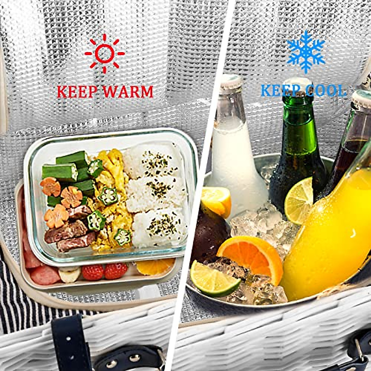 HYBDAMAI Willow Picnic Basket Set for 4 Persons with Waterproof Picnic Blanket, Wicker Picnic Basket for Camping, Outdoors, Valentine's Day, Christmas, Thanksgiving, Birthday