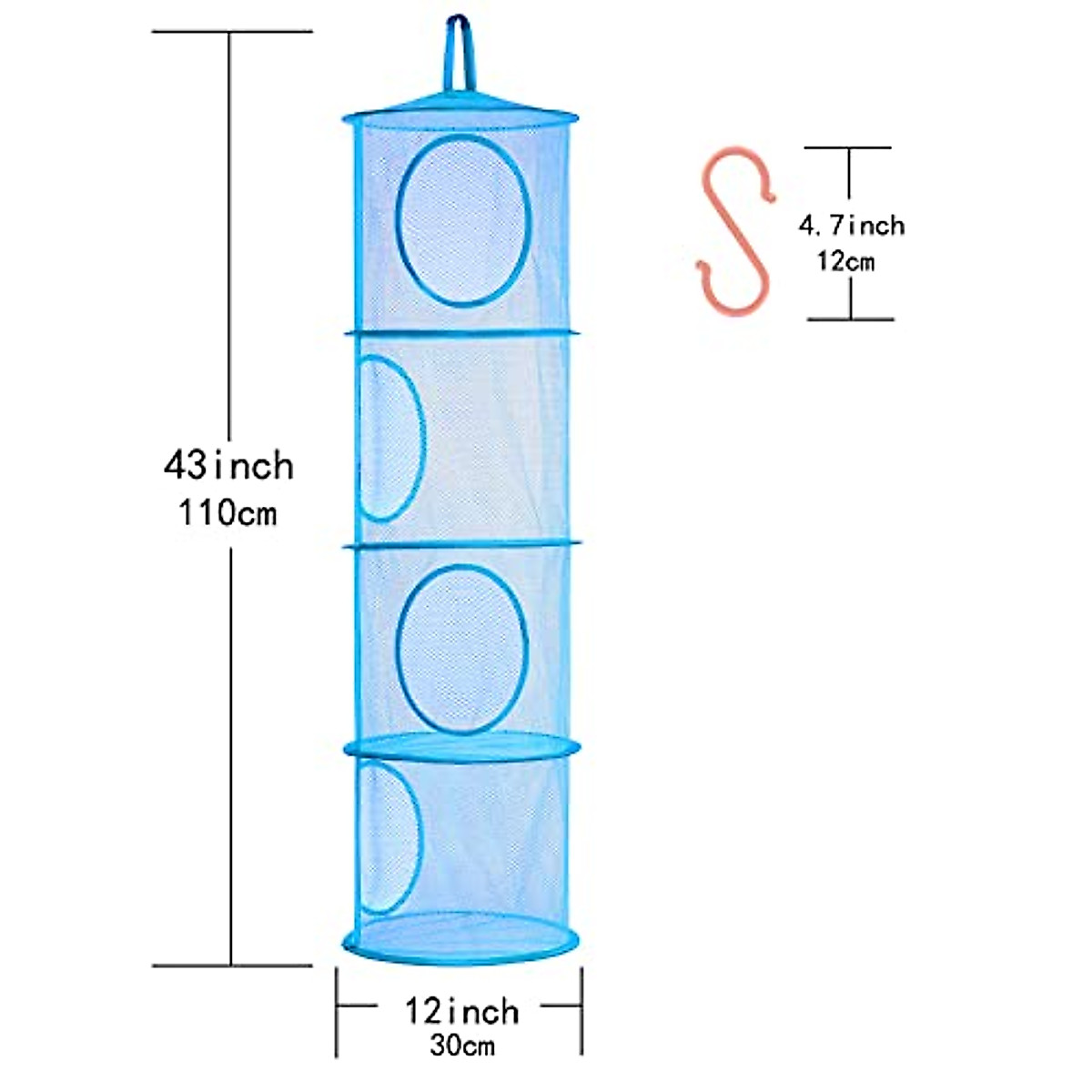 WOTEER Foldable Hanging Storage Mesh Space Saver Bags Organizer,Suspension Storage 3 or 4 Compartments Hanging Stuffed Animal Storage for Kids,2Pack (4 Tier-Blue and Gray)