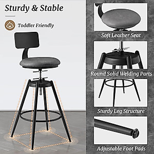 Industrial Swivel Bar Stool Set of 4, 26"-32" Adjustable Counter Height Bar Stool with Back for Kitchen Island, Vintage Farmhouse Faux Leather Barstool with Black Metal Legs, Dark Gray