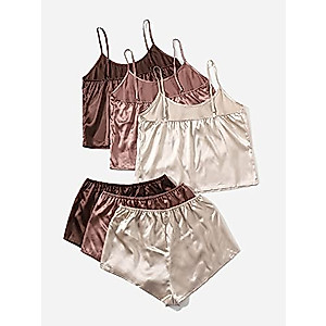 SheIn Women's 3 Sets Satin Pajama Set Sleeveless Crop Cami and Elastic Waist Shorts Sleepwear Lounge Set Black Small