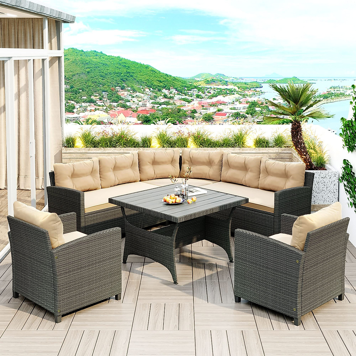 Quarte 6-Piece Outdoor Patio Furniture Sets, All-Weather Rattan Sectional Sofa with Thick Cushions/Pillows/Plywood Table Top, PE Wicker Dinning Set for Garden, Yard, Deck (Beige+6#)