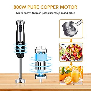 Adoolla 5-in-1 800 Watt Immersion Hand Blender Multi-Purpose, Stainless Steel 12 Speed and Turbo Mode Hand Mixer, 600ml Mixing Beaker, BPA-Free with Whisk, Milk Frother Attachments