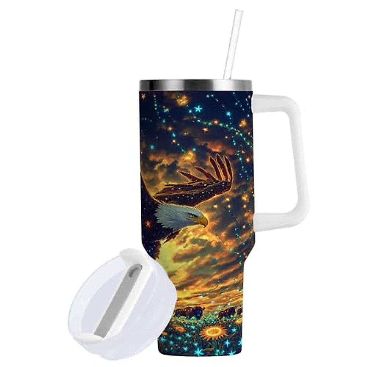 Slewiaeky Tumbler with Handle 40 oz Animal Hawk Beautiful America Travel Mug with Lid and Straw Stainless Steel Vacuum Insulated Water Bottle Cup for Iced Tea Coffee Cold Beverages Cup Holder Friendl