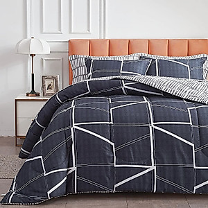 Navy Blue Bed in a Bag 7 Pieces Queen Size All Season Navy White line - Soft Microfiber Reversible Bed Comforter Set (1 Comforter, 2 Pillow Shams, 1 Flat Sheet, 1 Fitted Sheet, 2 Pillowcases)