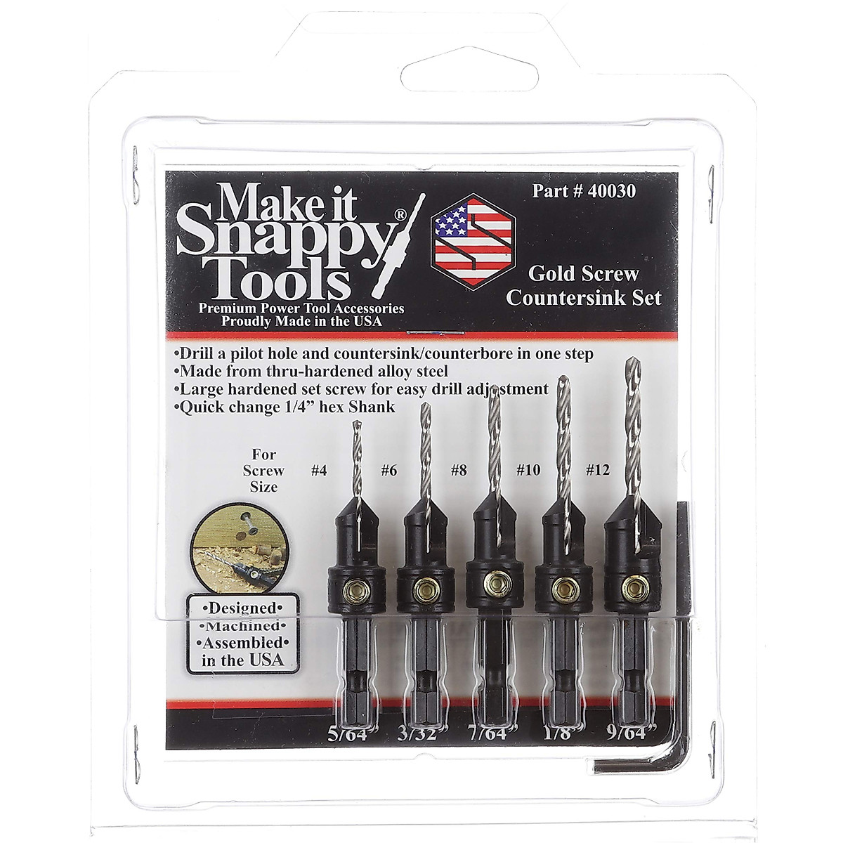 Make it Snappy Tools Brand Quick-Change 5-Pc. Countersink Drill Bit Set with Case. Proudly Made in The USA