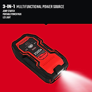 CRAFTSMAN 3-in-1 Lithium Jump Starter and Portable Power Pack, CMXCESM262 2500 Peak Amps, 12 Volts, 10.0L Gas, 8.0L Diesel Engines, for Motorcycles, Cars, SUV, Truck, and Boat Batteries