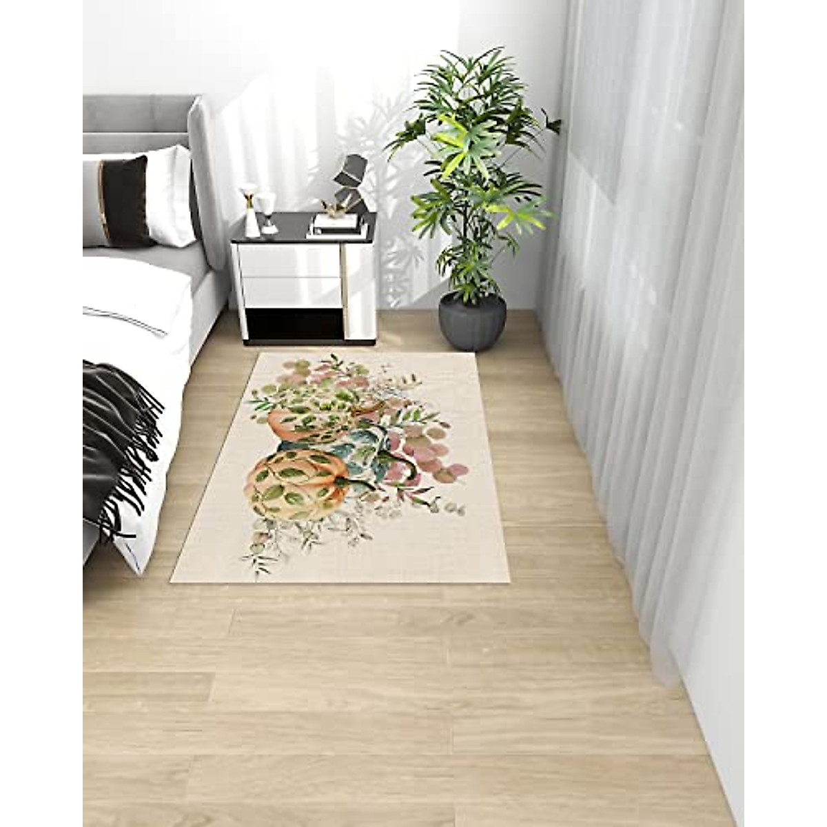 Leaves Pumpkins Large Rectangular Area Rugs 5' x 7' Living Room, Durable Non Slip Rug Carpet Floor Mat for Bedroom Bedside Outdoor Fall Thanksgiving Green Eucalyptus Burlap