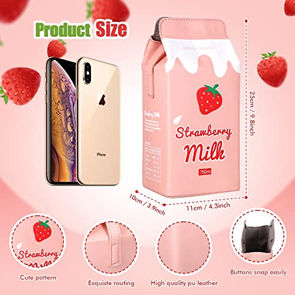 3 Pieces Kawaii Strawberry Milk Box Cross Body Purse Bag Cute Cow Strawberry Print Tri Folded Purse Pocket Phone Wallet Shoulder Bags ID Card Holder Fruit Novelty Purse Pink Girl Purse Shoulder Bags