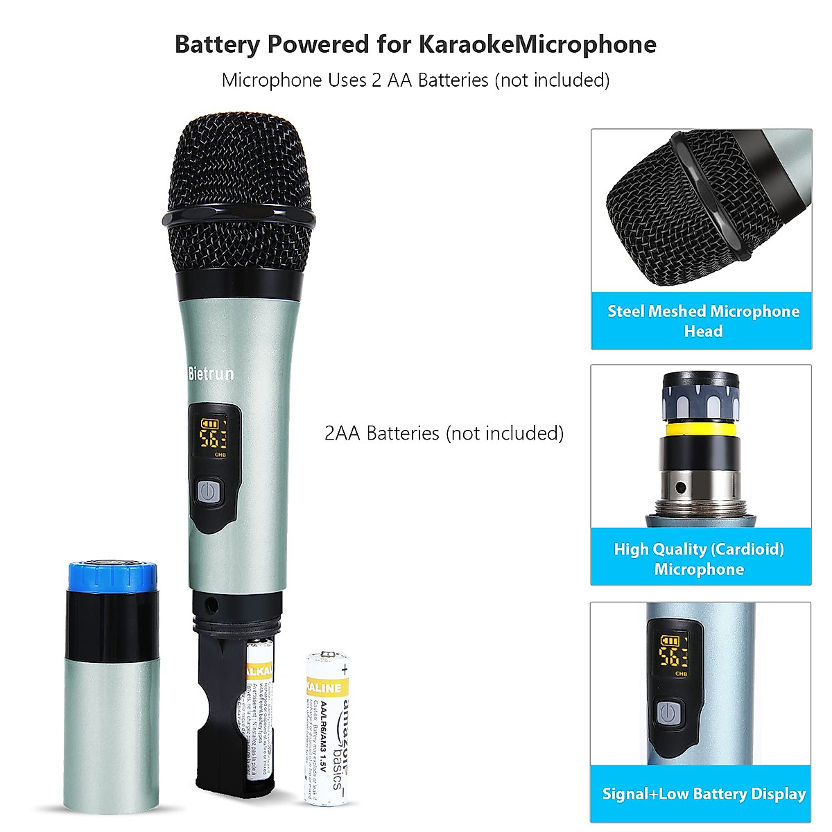 Wireless Microphone with Bluetooth＆Echo/Treble/Bass, 165 ft Range, Bietrun UHF Dual Handheld Cordless Dynamic Mic System for PA System/AMP/Home TV Karaoke/Bluetooth Speaker/(1/4''＆1/8‘’AUX Interface)
