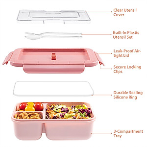Caperci Premium Bento Box Adult Lunch Box for Older Kids - Leakproof 44 oz 3-Compartment Lunch Containers for Adults and Teens, Ergonomic Design, Built-in Utensil Set & BPA Free (Pink)