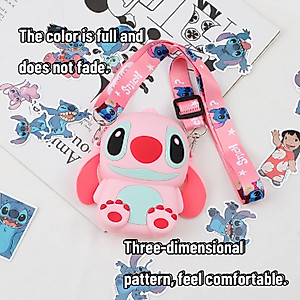 Cartoon Stitch Crossbody bag with Adjustable Shoulder Strap,Stitch 50s Sticker Set,Badge Wallet with Lanyard,Handbag with Zipper,Coin Money Pouch Bag (stitch-pink)