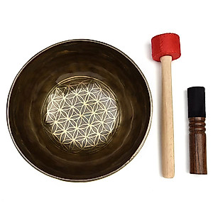 Himalayan Singing Bowl Set — 100% Handmade 8" Meditation Sound Bowl Handcrafted in Nepal with Mallet Striker & Cushion for Spiritual Healing, Mindfulness, Yoga & Relaxation, Flower of Life