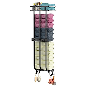 Towel Racks with Metal Storage Shelves Shelf for Rolled Towels, 3 Bar Towel Storage for Bathroom Wall Mounted, Towel Organizer for Folded Large Towel Washcloths, Bath Towel Holder Shelf with 4 Hooks