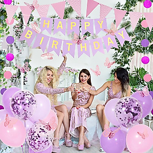 Purple and Pink Birthday Decorations, Purple Happy Birthday Banner for Girl Women with Balloons, Pennant Banner Flags, Butterfly Decorations and Circle Dot Paper Garland