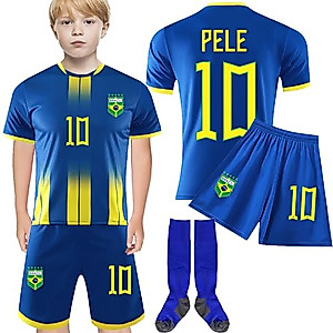 ELTONYA Brazil Pe’lee Jersey+Soccer Shorts for Boy Kids World Cup HOM/Awy Football Jersey Kit Youth Sports Team Shirt Uniform Blue