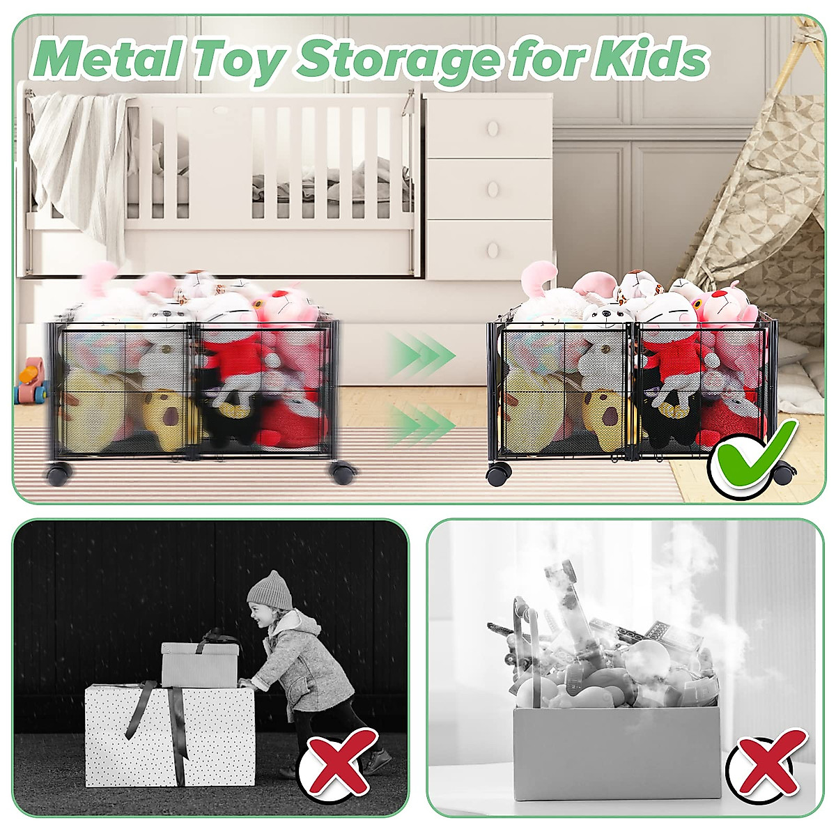 HoCorn Toy Storage and Organizer with 4 Slient Wheels, Foldable Toy Chest, Large Capacity Rolling Toy Chest for Boys Girls, Metal Collapsible Toy Storage Bin,1-Minute Assembly Toy Bin, 1 Pack