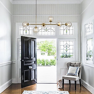 KCO Lighting Globe Linear Chandelier 6 Light Amber Glass Pendant Light Fixture Gold Kitchen Island Chandelier Lighting Long Brass Sputnik Chandelier Dining Room Ceiling Lights