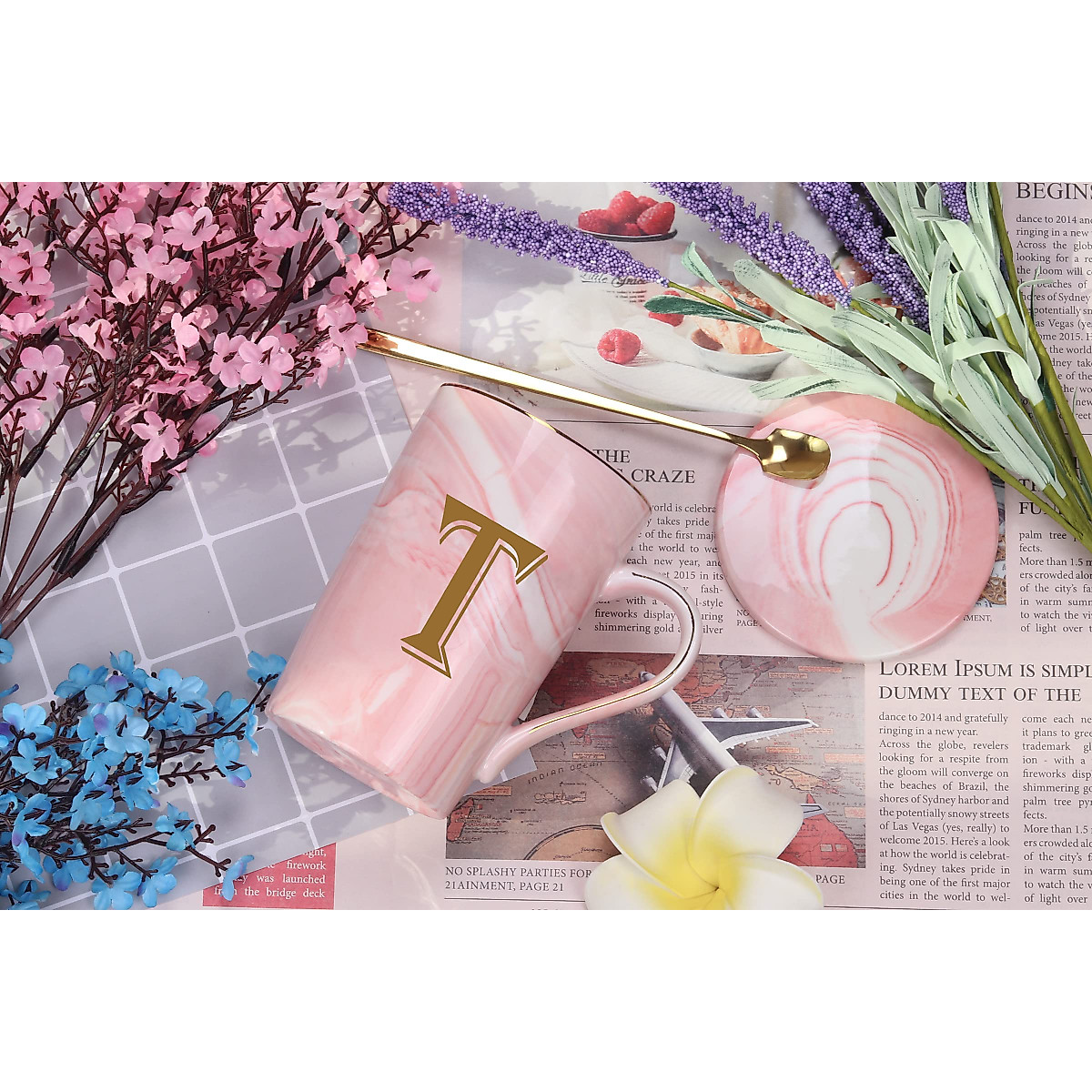 Letter T Personalized Initial Marble Coffee Mug for Women, Bridal Shower Gifts, Man and Women's Initials Gifts 14 Ounce Pink With Gift Box