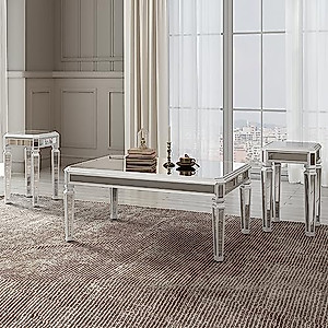 Harper & Bright Designs 3 Piece Coffee Table Set for Living Room Sofa Table Set Glass Mirrored Coffee Table Set of 3 with Adjustable Height Legs, Moderate Luxury Center Table for Living Room, Silver