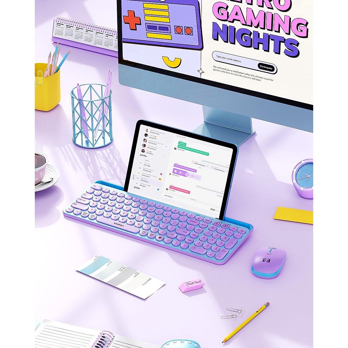 seenda Bluetooth Keyboard and Mouse for iPad, Multi-Device Bluetooth + 2.4G Wireless Keyboard Mouse with Tablet Holder for MacBook/Windows Computer, iOS/Andriod Tablet Phone, Blue & Purple