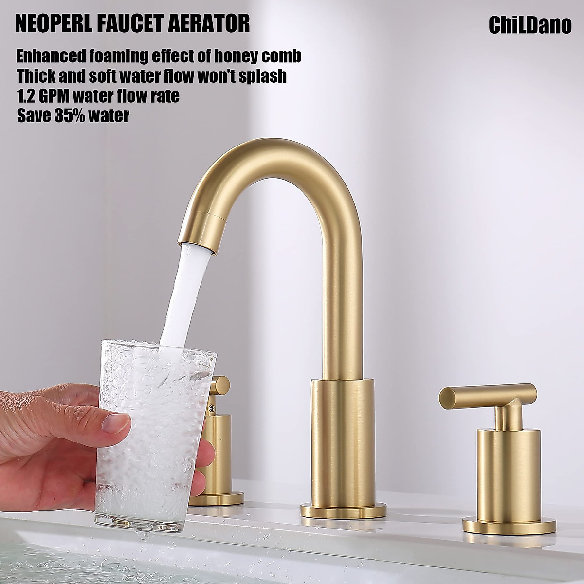 Brushed Gold Bathroom Faucet with Sink Drain and Supply Hose, 8 inch Widespread Bathroom Faucet 3 Hole, ChiLDano Gold Bathroom Faucet CH2183BG