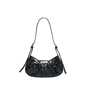 SweatyRocks Women's Buckle Leather Crocodile Embossed Zipper Handbag Shoulder Bag with Adjustable Strap Black one-size