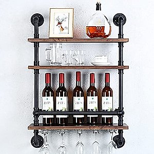 HAOVON Industrial Pipe Shelf Wine Rack Wall Mounted with 5 Stem Glass Holder,3-Tiers Rustic Floating Bar Shelves Wine Shelf,24in Real Wood Shelves Wall Shelf Unit,Pipe Shelving Glass Rack