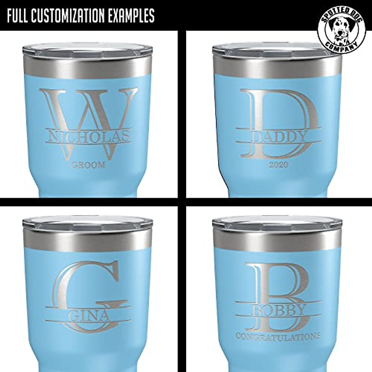 Personalized 30oz (17 Colors) Powder Coated Insulated Stainless Steel Tumbler with Lid, Custom Etched, Customized Engraved Gift Idea for Women Men Her Him, Halpert Monogram Initial Name (Light Blue)