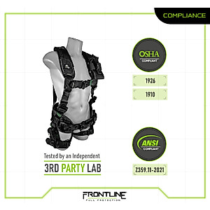 FRONTLINE FALL PROTECTION 250CTB Elite™ Construction Harness | Aluminum Hardware | Suspension Trauma Straps | Reflective Trim| Perforated Pads| OSHA&ANSI (Size:M/L)