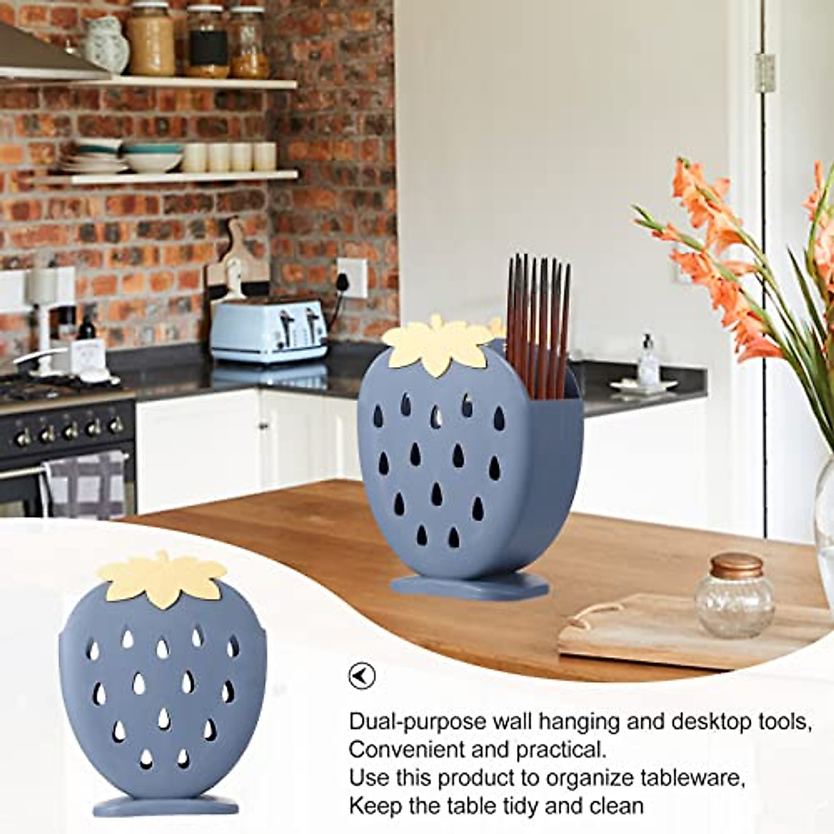 OSALADI Plastic Silverware Caddy Organizer Countertop Utensil Holder with Strawberry Design Knives Forks Spoons Organizer for Kitchen Dining Entertaining Picnics Blue