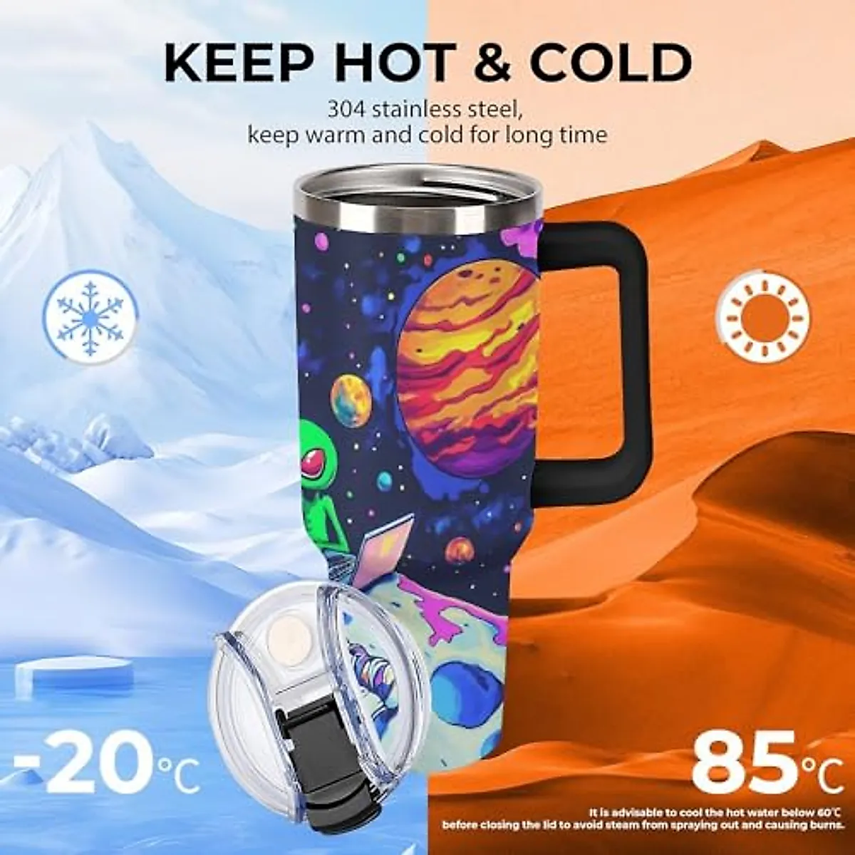 Astronaut Aliens Pizza Insulated Tumblers with Handle Stainless Steel Coffee Mug Funny Travel Cup with Lid Straw 40oz