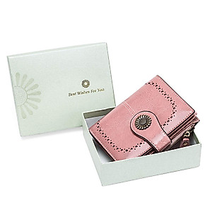 Women Wallet Pouch Purse Genuine Leather Bifold ID Window Credit Debit Card Holder RFID Protected with Gift Box (Pink)