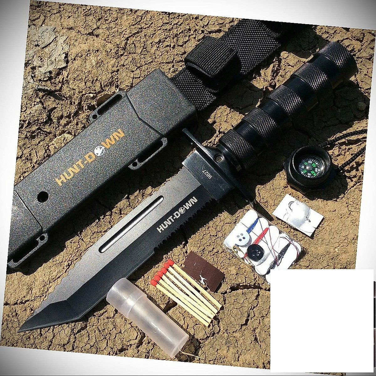 Hunt-Down 12" Black Color Fixed Blade Survival Stainless Steel Blade Knife - Survival Kit & Compass