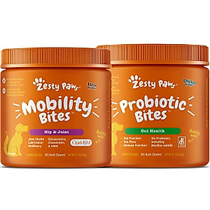 Zesty Paws Glucosamine for Dogs - Hip & Joint Health Soft Chews with Chondroitin & MSM + Probiotics for Dogs - Probiotics for Gut Flora, Digestive Health