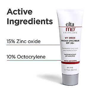 EltaMD UV Sheer SPF 50+ Face and Body Sunscreen Lotion, Water Resistant Sunscreen with Zinc Oxide, Broad Spectrum Mineral-Based Sun Protection, Non-Greasy, Lightweight, Oil Free Sunscreen, 1.7 oz Tube