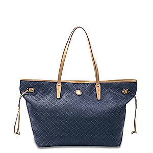 Rioni Signature Navy ST20222L Canvas Leather Gold Tone Metal Hardware Luxury Large Tote Shoulder Bag