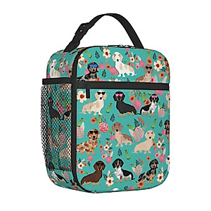 wzialfpo Dachshund Dog Flowers Florals Lunch Box Insulated Lunch Bags Zipper Lunch Bag Cooler Tote Bag For Boys Girls Teens Men Women Office Picnic Travel