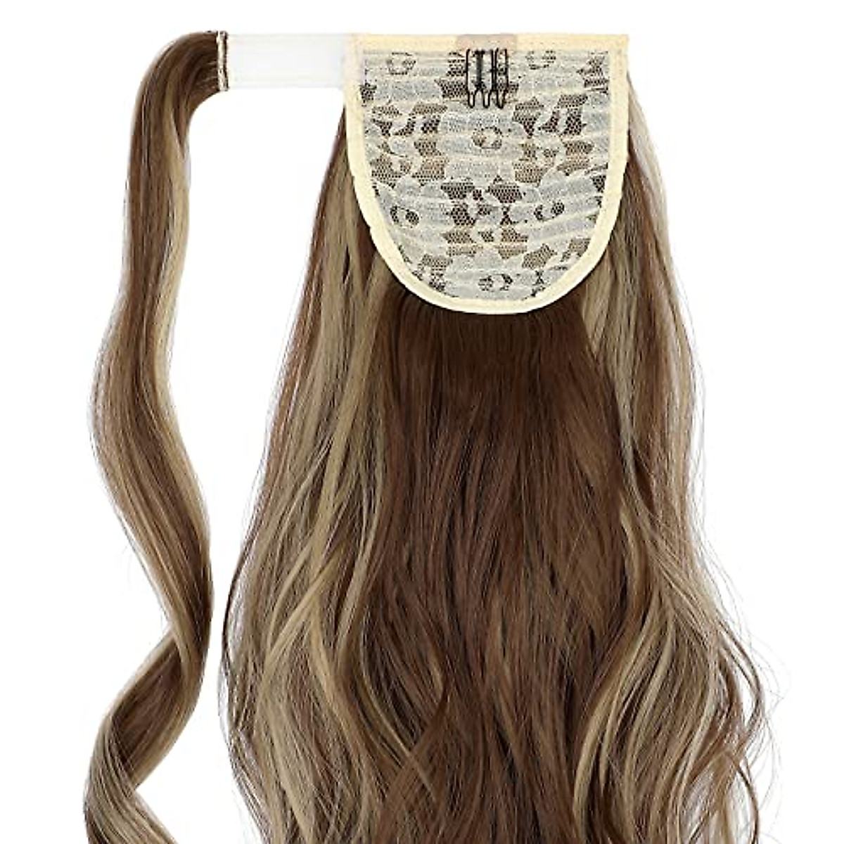 FELENDY 18" 20" 22" 24" Ponytail Extension Curly Wavy Straight Drawstring Hairpiece Wrap Around Long Synthetic Hair for Women(Ash Blonde Mix Light Brown)
