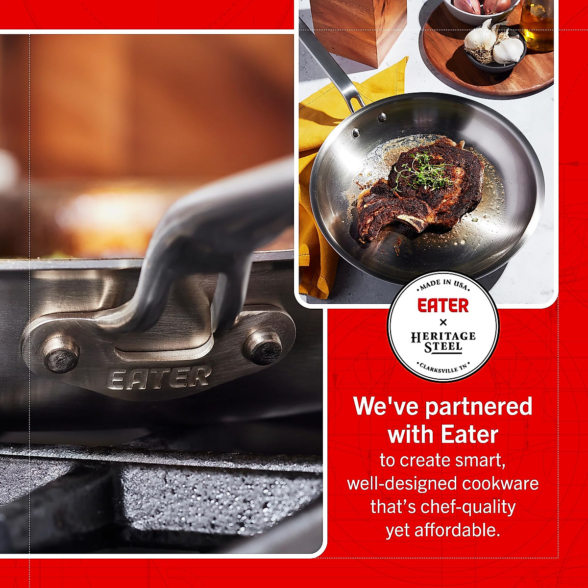 Heritage Steel x Eater 12 Inch Frying Pan | Made in USA | 5-Ply Fully Clad Stainless Steel Pan | Stay Cool Handle Design | Induction Ready & Non-Toxic Pan