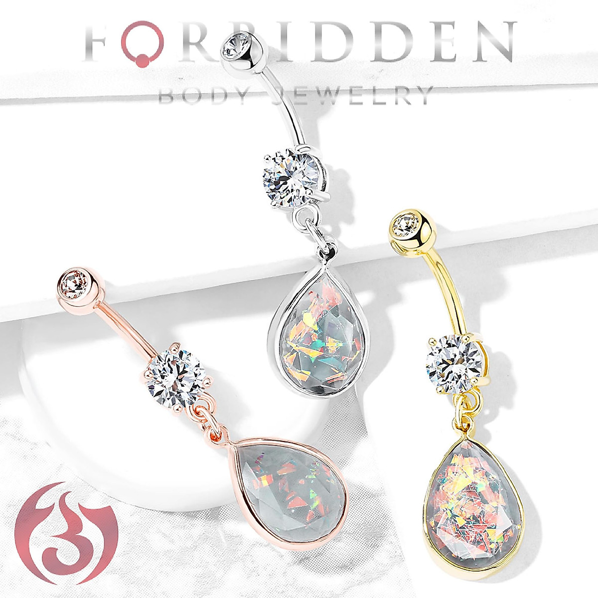 Forbidden Body Jewelry Surgical Steel CZ Dangle Belly Button Ring with Teardrop Rainbow Glitter Opalite, Rose Gold Tone