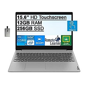 Lenovo 2022 IdeaPad 3 15.6" HD Touchscreen Laptop Computer, 10th Gen Intel Core i5-1035G1, 12GB RAM, 256GB SSD, Intel UHD Graphics, HD Webcam, Bluetooth, Windows 10, Grey, 32GB SnowBell USB Card