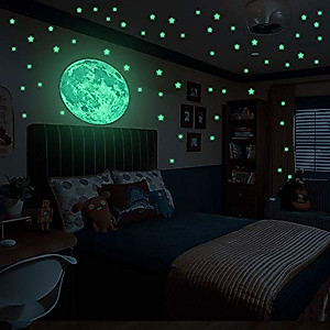 Glow in The Dark Stars and Moon Wall Stickers for Baby Room, Luminous Wall Decal Realistic Star and 3D Full Moon Starry Sky Decoration for Kid Toddler Bedroom, Ceiling Halloween decor (333Stars,1Moon)