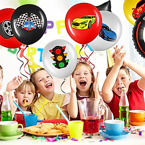 Glimin 54 PCS Race Car Balloons Race Car Party Decorations Race Car Birthday Supplies Red Black Yellow Wheel Tire Balloon with Checkered Balloons Banner for Two Fast Birthday Party Decorations