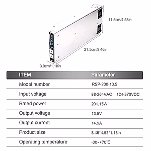 TorqCali RSP-200-13.5 200W Single Output Power Supply 13.5V 14.8A Constant Current with PFC, Enclosed Type for Industrial Automation, Telecom, and Battery Charging Applications