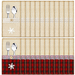 24 Pieces Christmas Burlap Utensil Holder Lace Silverware Holder Utensil Pouch Holders Buffalo Check Plaid Knifes Forks Bags Xmas Table Decor Set for Xmas Wedding Party Dinner Table Supplies
