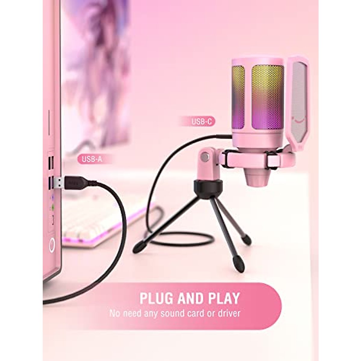 FIFINE USB Gaming PC Microphone for Streaming Podcasts, AmpliGame RGB Computer Condenser Desktop Mic, Cardioid Pattern for YouTube Video, Plug and Play on PS4 PS5, with Quick Mute, Mic Gain-A6V Pink